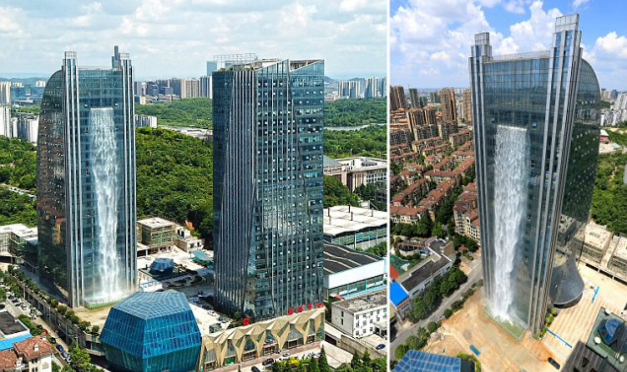 Chinese company builds a 350ft tall artificial waterfall on the outside ...